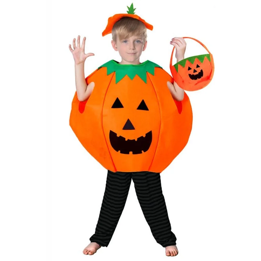 KIDS PUMPKIN COSTUME Halloween Unisex Fancy Dress Up Party Orange Vege ...