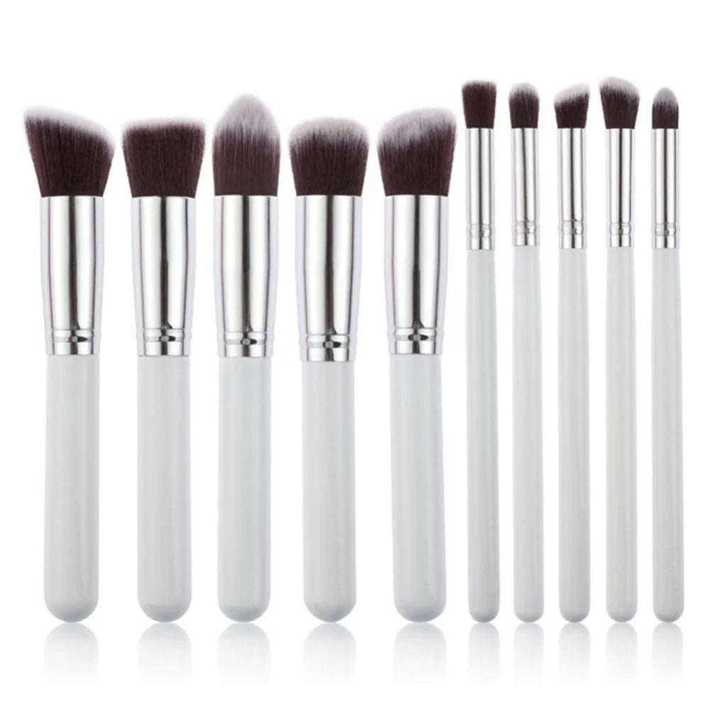 10-Piece White silver Makeup Brush Set - Large and Small Brushes for P ...