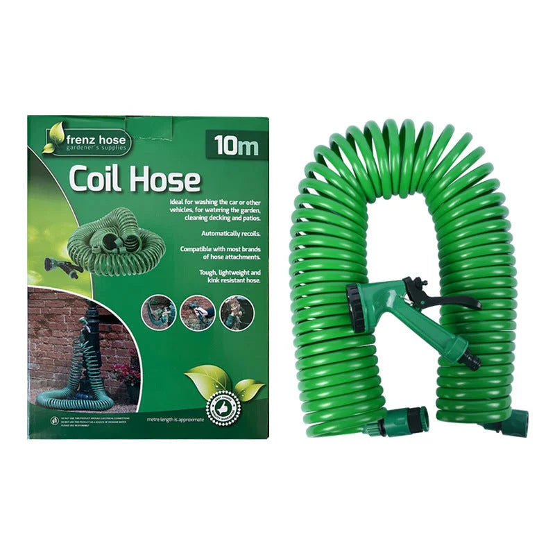 10m Retractable Spring Garden Hose with 5-Function Spray Gun - EVA Bur ...