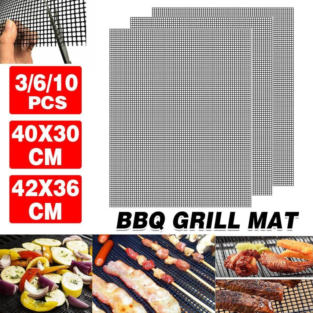 3/6/10PCS Non-Stick BBQ Grill Mat Mesh Liner Cooking Barbecue Sheet Ba ...