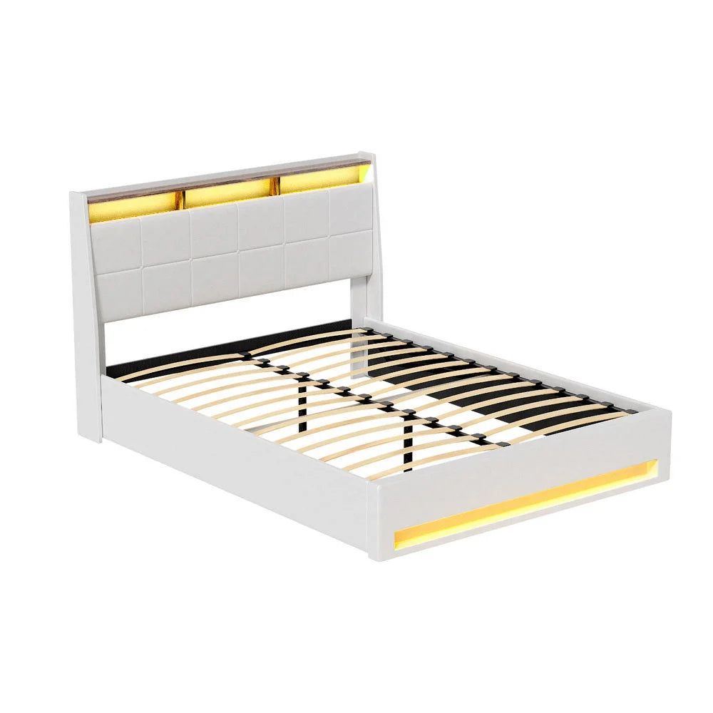 Artiss Bed Frame Gas Lift LED Beds Base Platform White PVC Leather Sto ...