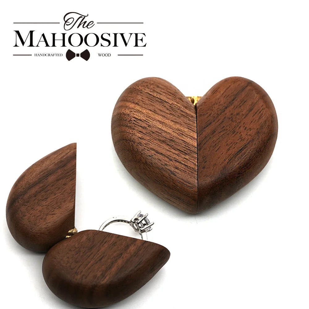Black Walnut Wood Heart-Shaped Ring Box - Elegant Engagement & Wedding ...
