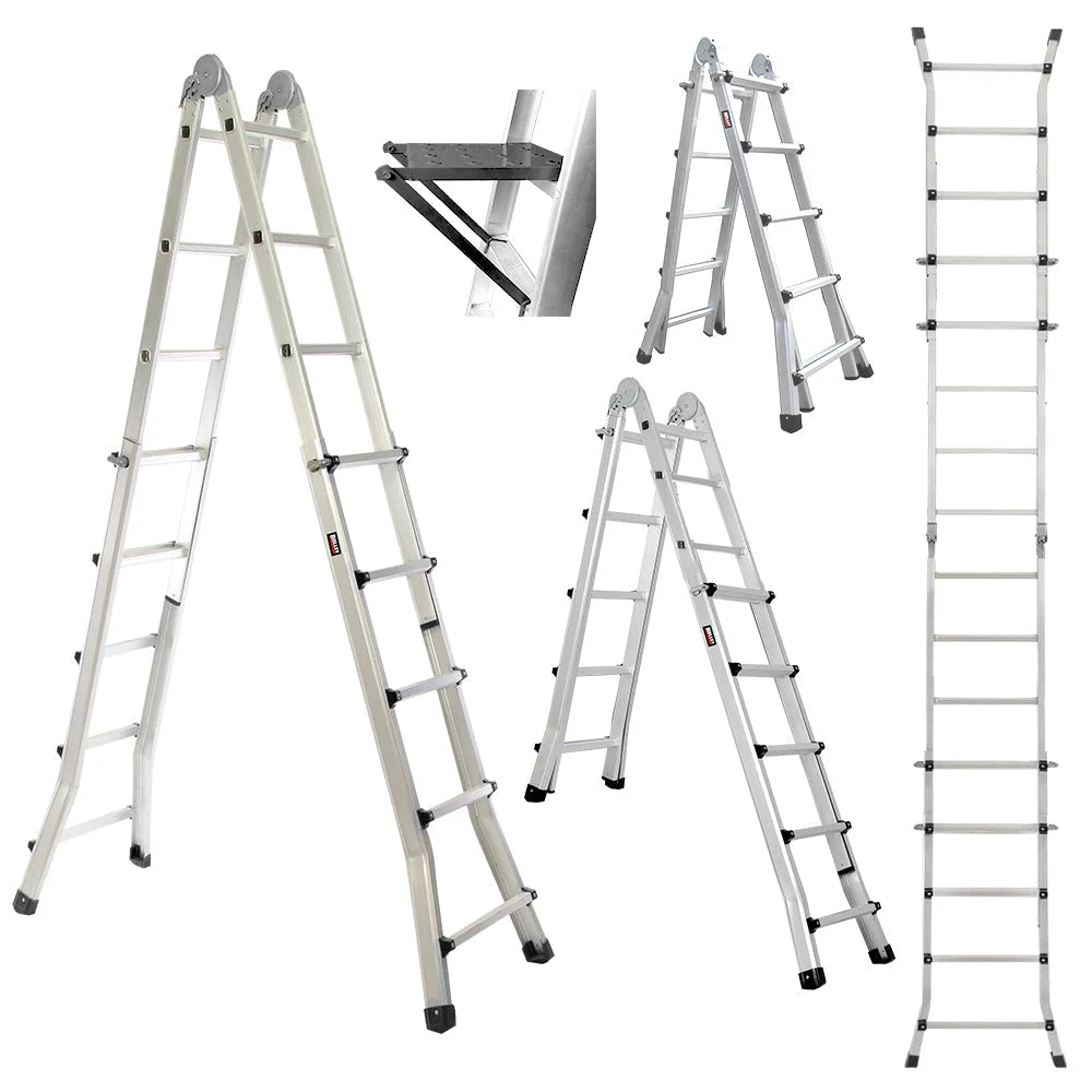 Bullet 5.1m Folding Aluminium Multipurpose Ladder, w/ Workshelf Platfo ...