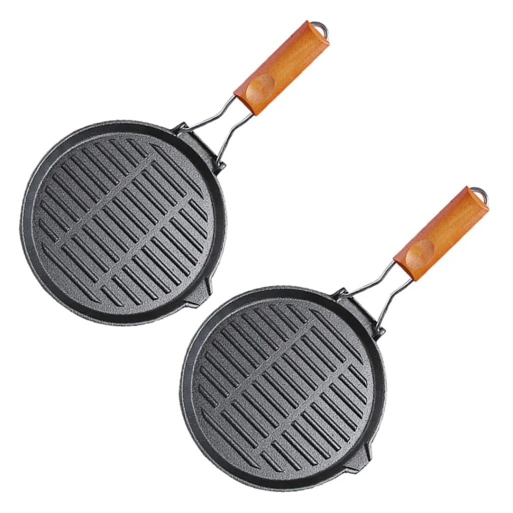 Cast Iron Steak Frying Pan Set Premium 2X 24cm Round Ribbed Grill Skil ...
