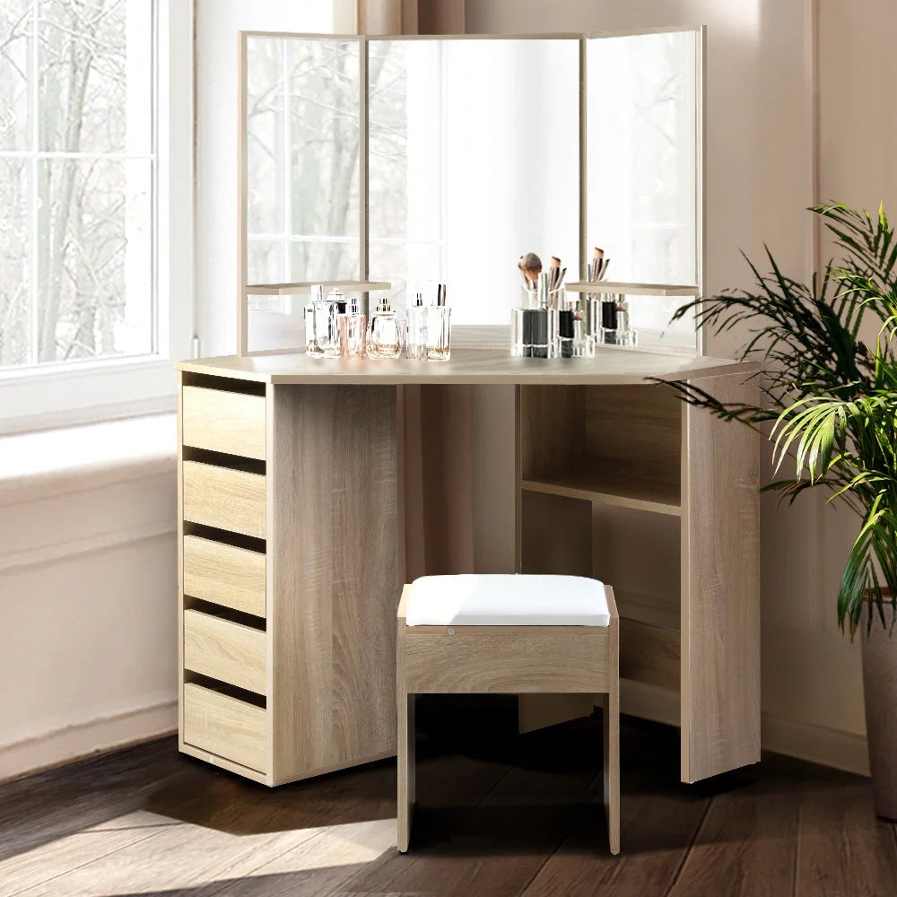 Corner Dressing Table Mirror Stool Set Makeup Vanity Desk Chair - Oak ...
