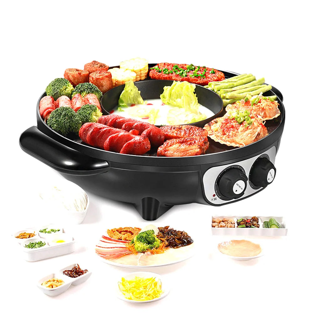 Electric 2 In 1 Non-Stick BBQ Plate Hot Pot Pan For Party Shabu Grill ...