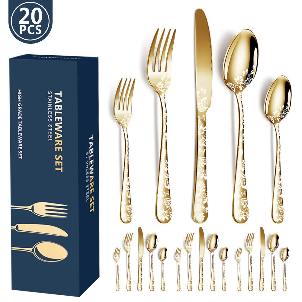 Gold Elegant 20-Piece Stainless Steel Cutlery Set with Floral Design ...