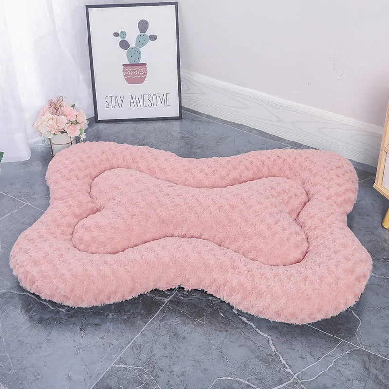 L Pink Rose Velvet Fish Scale Pet Bed - Creative Bone-Shaped Soft and ...