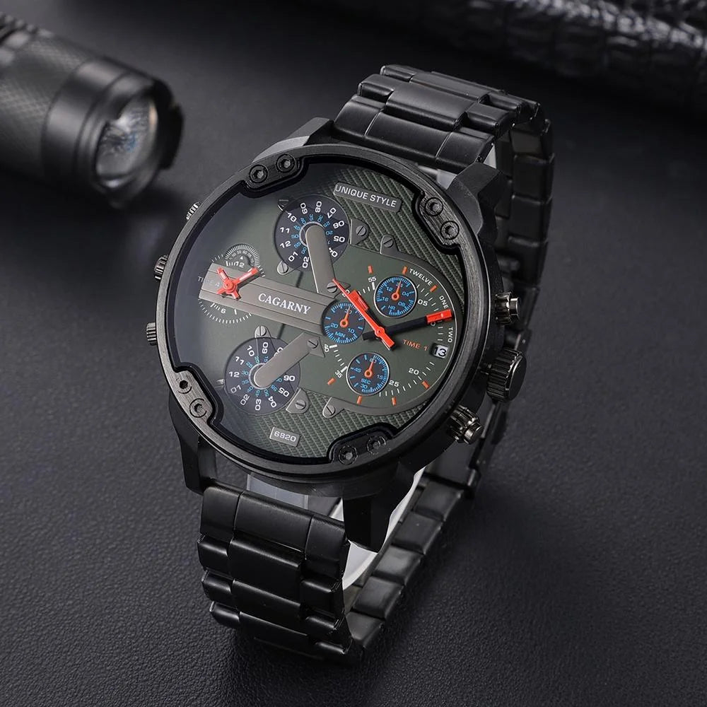 Men Dual Movement Steel Quartz Watch with Green Face and Black Strap ...