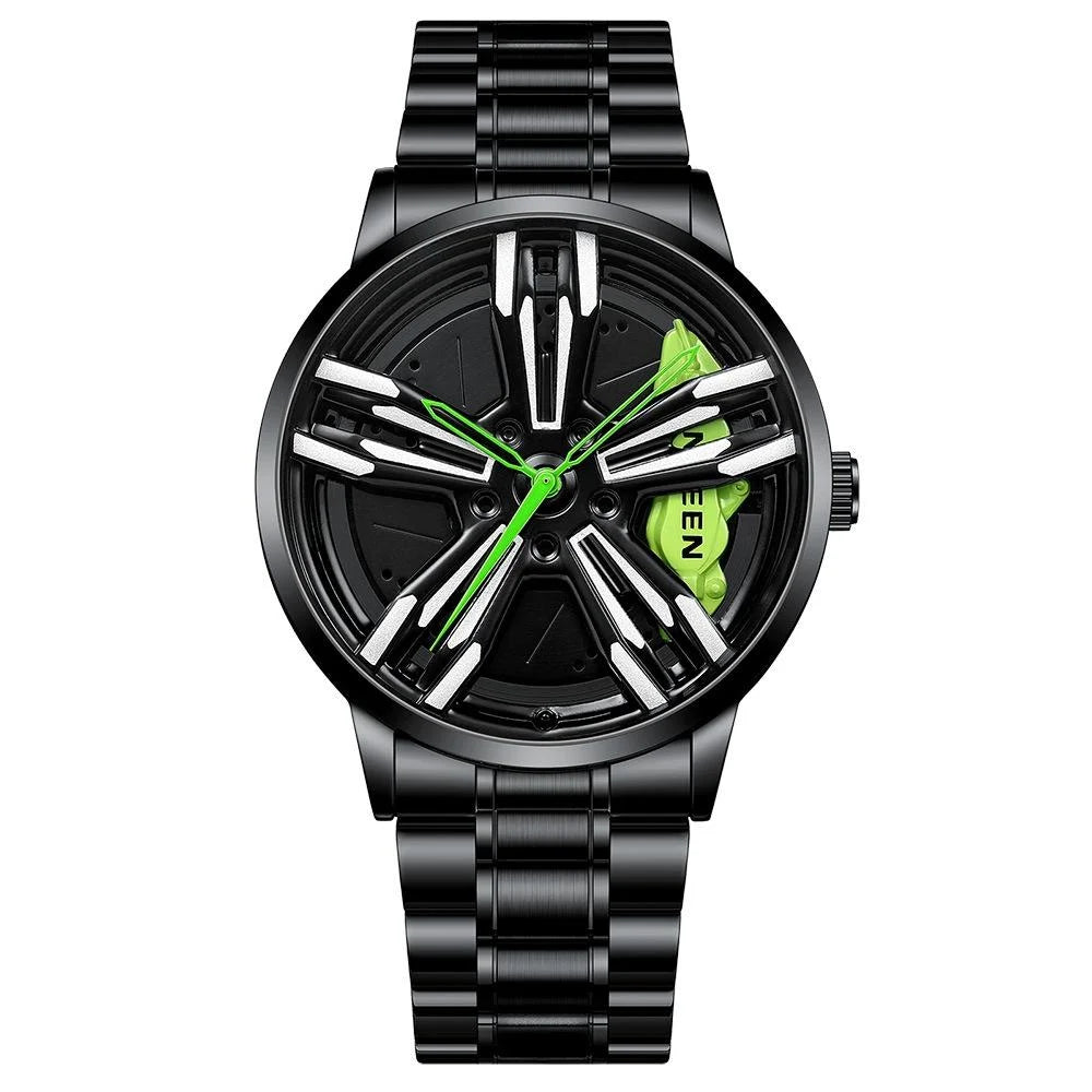 Men Metal Motorcycle Watch with Rotating Hub - Black Steel Green Surfa ...