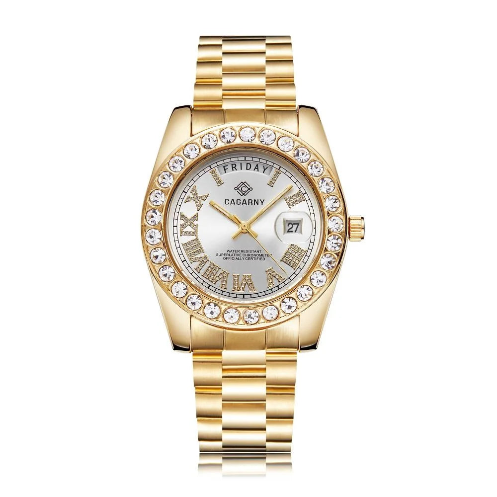 Men Quartz Watch with Diamond-encrusted Roman Numeral Dial - Gold Shel ...