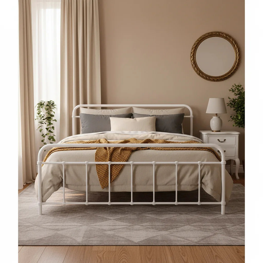 Metal Bed Frame Queen Size Platform Foundation Mattress Base Leo White ...