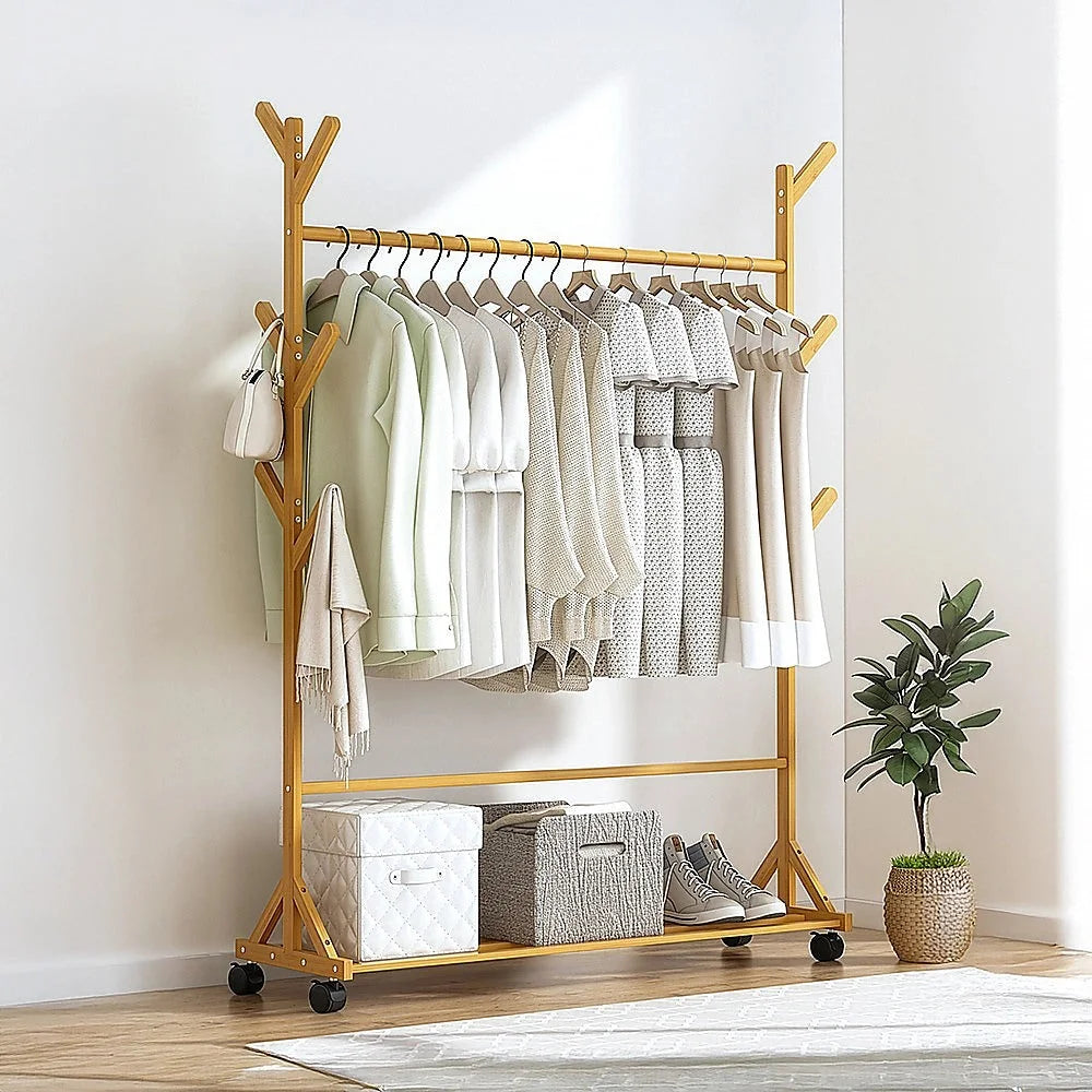 Portable Clothes Rack Coat Garment Stand - Bamboo Rail Hanger Airer Cl ...