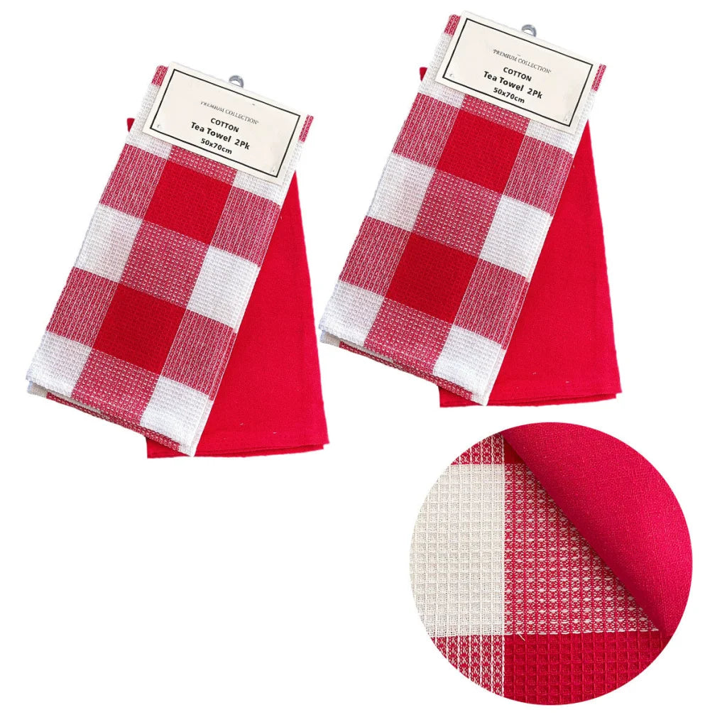 Tea Towels Set of 4 Cotton Waffle Checkered & Plain Dyed 50cm x 70cm R ...