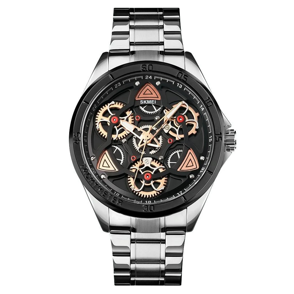 Waterproof Men Quartz Watch with Rotatable Gear Dial - Silver Shell Bl ...